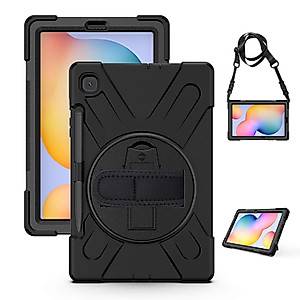 KIQ Shield Series Galaxy S6 Lite Case Heavy Duty Tablet Shockproof Rugged Tab S6 Lite Cover W/Stand Shoulder Strap for Samsung Galaxy Tab S6 Lite 10.4 Inch 2022/2020 P610/P613/P615/P619 - Black