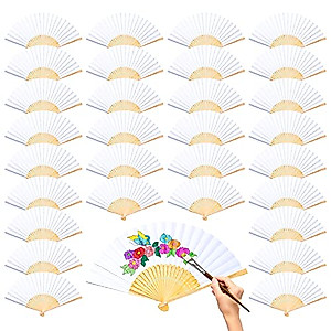 Merkaunis 100 Pcs Paper Hand Held Fans with Organza Bags Bamboo Folding Fan White Paper Handheld Fan for Wedding Party and Home Decoration Gift DIY Painting