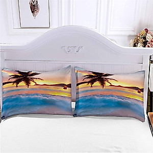 Ocean Duvet Cover Set Queen Size, Tropical Island with The Palm Trees and Sea Beach Nature Theme Print, A Decorative 3 Piece Bedding Set with 2 Pillow Shams, Turquoise Blue