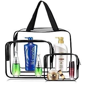 SYIDINZN Cosmetic Bag 3 Pack Clear Travel Toiletry Bag Set with Zipper Make-up Pouch Handle Straps | Waterproof Packing Organizer Storage Diaper Pencil Bags (Black)