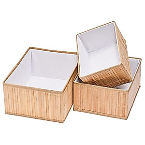 Bamboo Storage Baskets, Set of 3; All-Natural Organizer Bins with Fabric Liner on Inside; Boxes Great for Kitchen, Pantry, Bathroom, Closets, Storage, Shelving, Toys; 3 Sizes: Small, Medium, Large