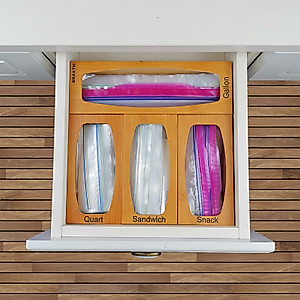 CRAKTH Bamboo Ziplock Bag Storage Organizer for Kitchen Drawer, 4 Separate Baggie Organizer, Suitable for Gallon, Quart, Sandwich & Snack Variety Size Bag