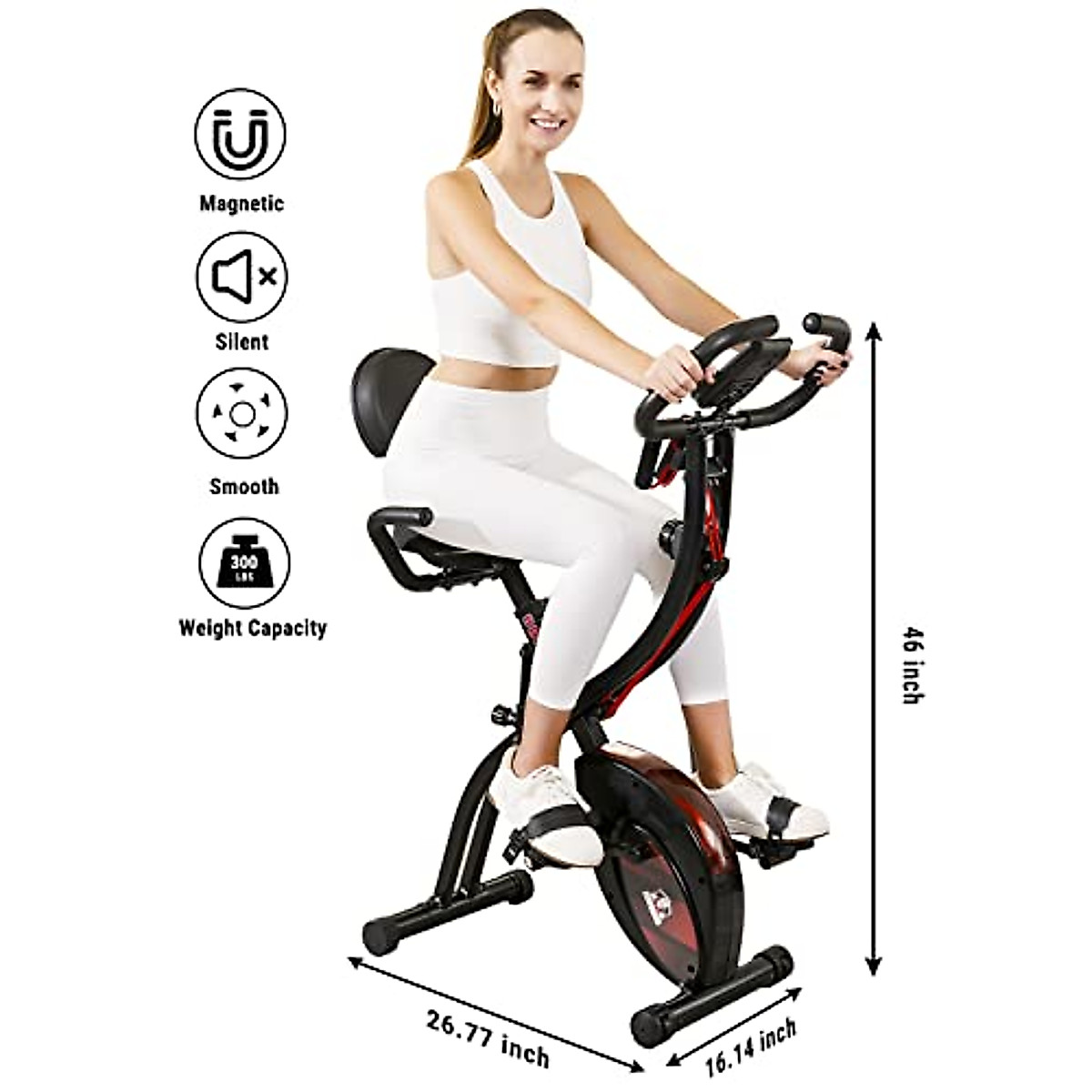 HAPBEAR Folding Exercise Bike Magnetic Foldable Stationary Bike, 3 in 1 Mode Indoor Upright Fitness Workout X-Bike with 8-Level Resistance and Arm Resistance Band, Pulse Sensor,LCD Monitor