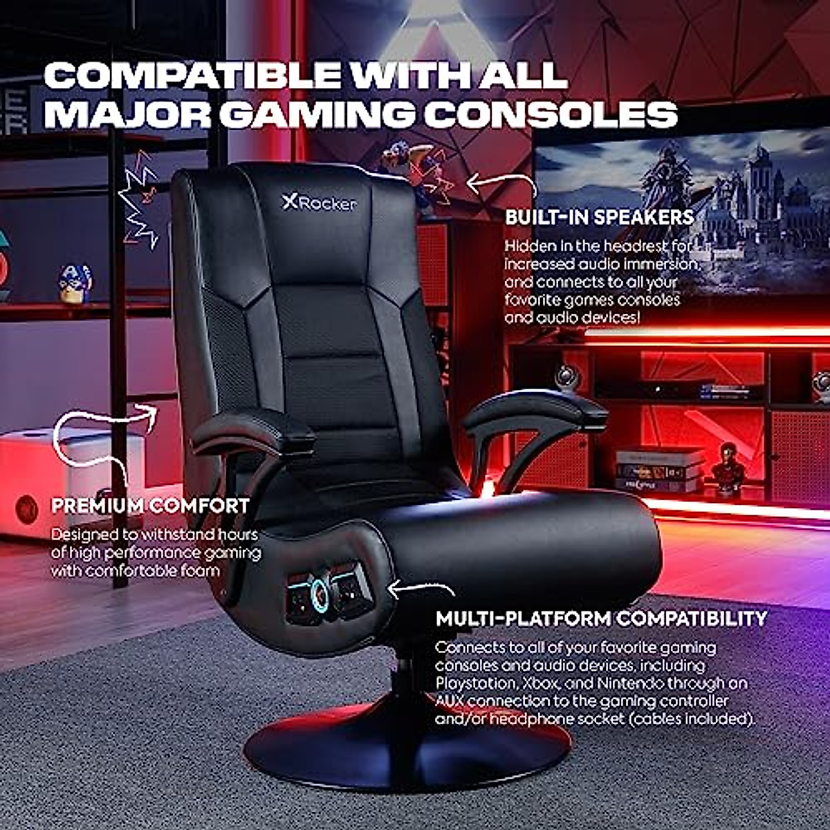 X Rocker Sphynx Pedestal Gaming Chair, with Headrest Mounted Speakers, 2.1 Wireless, Backrest Subwoofer, Padded Armrest, 5111501, 30.9" x 20.5" x 40", Black