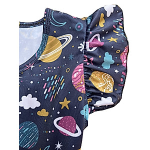 nebljgo Little Girls Dress Flutter Sleeve Toddler Baby Girl Sundress Summer Apparel Space Planets Pearl Dress (6/7T) White