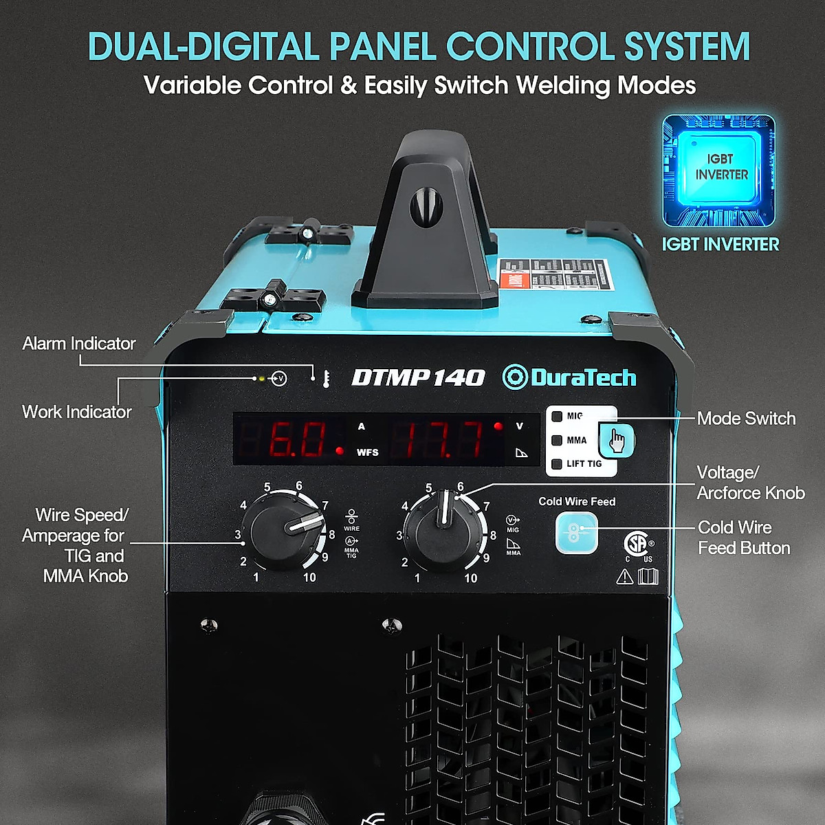 DURATECH 140Amp MIG Welder, 120V Flux Core Welder MIG/Lift TIG/Stick 3-in-1Welding Kit with Cold Wire Feed, Welding Gun and 15A to 20A Plug Adapter, Portable Smart Welding Machine IGBT Inverter Welder