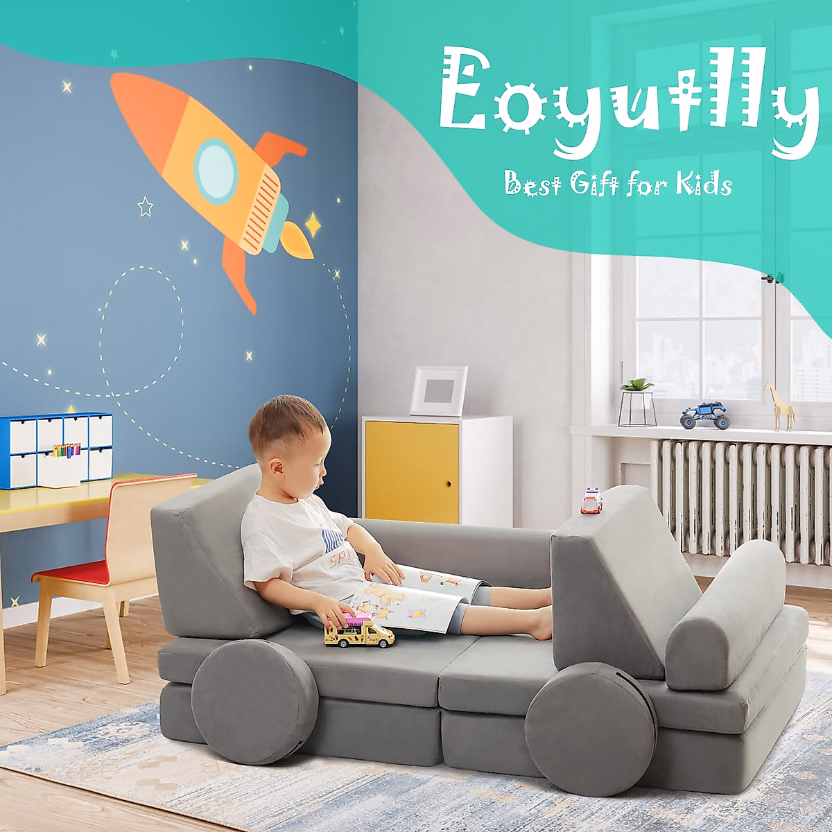 JHTOPJH Kids Couch,8-Piece Toddler Play Couch,Floor Sofa Imaginative Furniture Play Set for Bedroom Playroom,Convertible Folding Kids Sofa for Creative Kids(Grey)