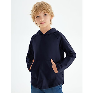 Spring&Gege Boys Light Weight Long Sleeve Hooded T-shirt Casual Solid Pullover Hoodie with Pocket, Navy, 9-10 Years