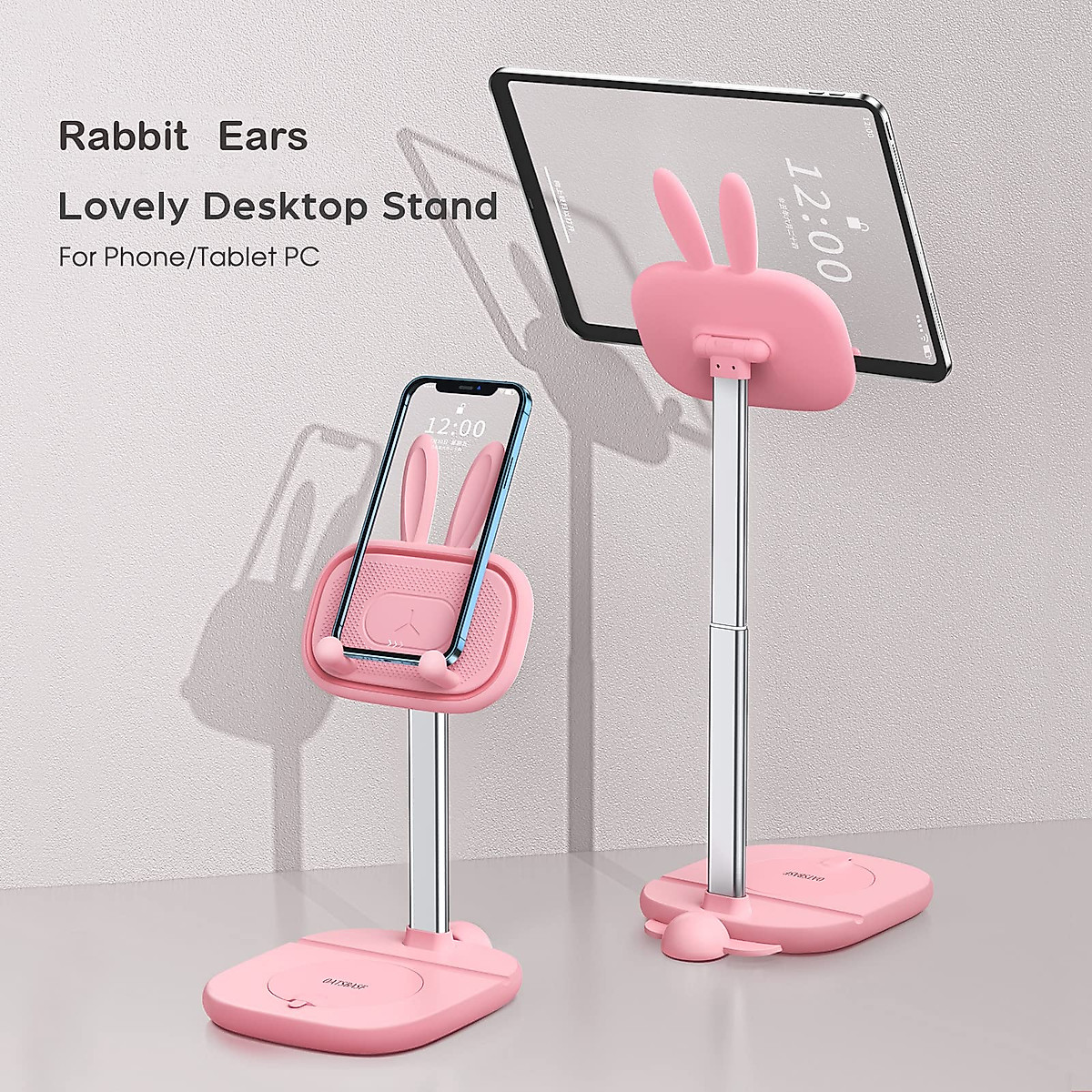 OATSBASF Cute Bunny Tablet Stand for Desk, Adjustable Height Tablet Stand Holder Dock Compatible with iPad, Pro 9.7, 10.5, 12.9 Air Mini, Tablet, Kindle, Nexus, Tab, E-Reader (4-13") (Pink Plus)