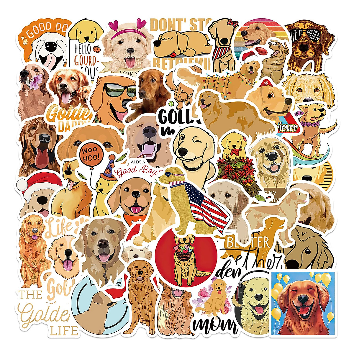 50Pcs Golden Retriever Stickers, Waterproof Vinyl Stickers Decals for Laptop Water Bottle Phone Luggage, Cute Cartoon Dog Stickers Pack
