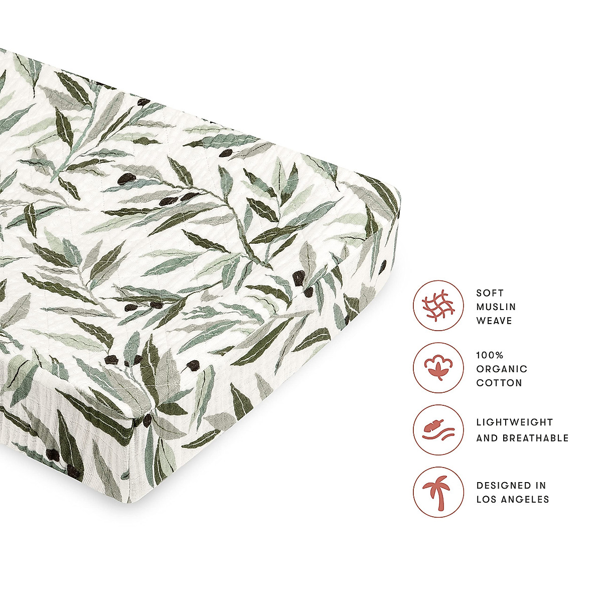 Babyletto 100% Quilted Organic Cotton Changing Pad Cover, GOTS-Certified, Fitted 360°, Ultra-Soft and Breathable Muslin - Olive Branches