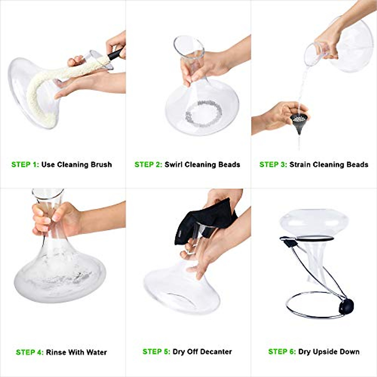 VOOV Contemporary Premium Decanter Cleaning Set with Glass Decanter, UNIQUE FOLDABLE Drying Stand, Cleaning Beads, Cleaning Brush and Microfiber Drying Cloth