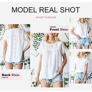 Dokotoo Blouses, Fashion 2025 Summer Crochet Lace Round Neck Short Sleeve Shirts Back Button Down Pom Pom Boho Casual Solid Chiffon Blouse Womens Tops White Large