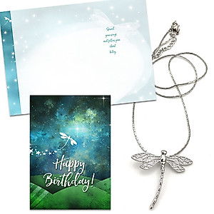 Smiling Wisdom - Happy Birthday Greeting Card Dragonfly Necklace Gift Set - Teen Women (Green Silver Dragonfly)