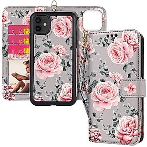 HOGGU Compatible for iPhone 11 Wallet Case, Magnetic Detachable Case Wallet with RFID Blocking Card Holder, Hand Strap, Flip Folio PU Leather Cover Case with Floral Flower Design for Women(Gray)