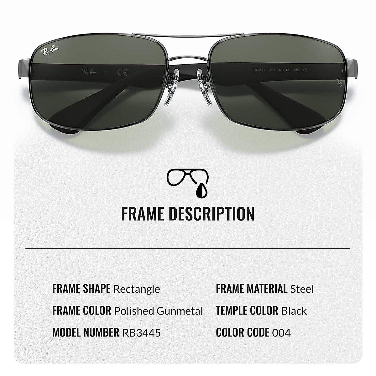 Ray-Ban RB3445 Rectangle Sunglasses With Eyewear Kit Bundle - Adjustable Nose Pads - Ideal Formal and Casual Wear Retro Sunglasses