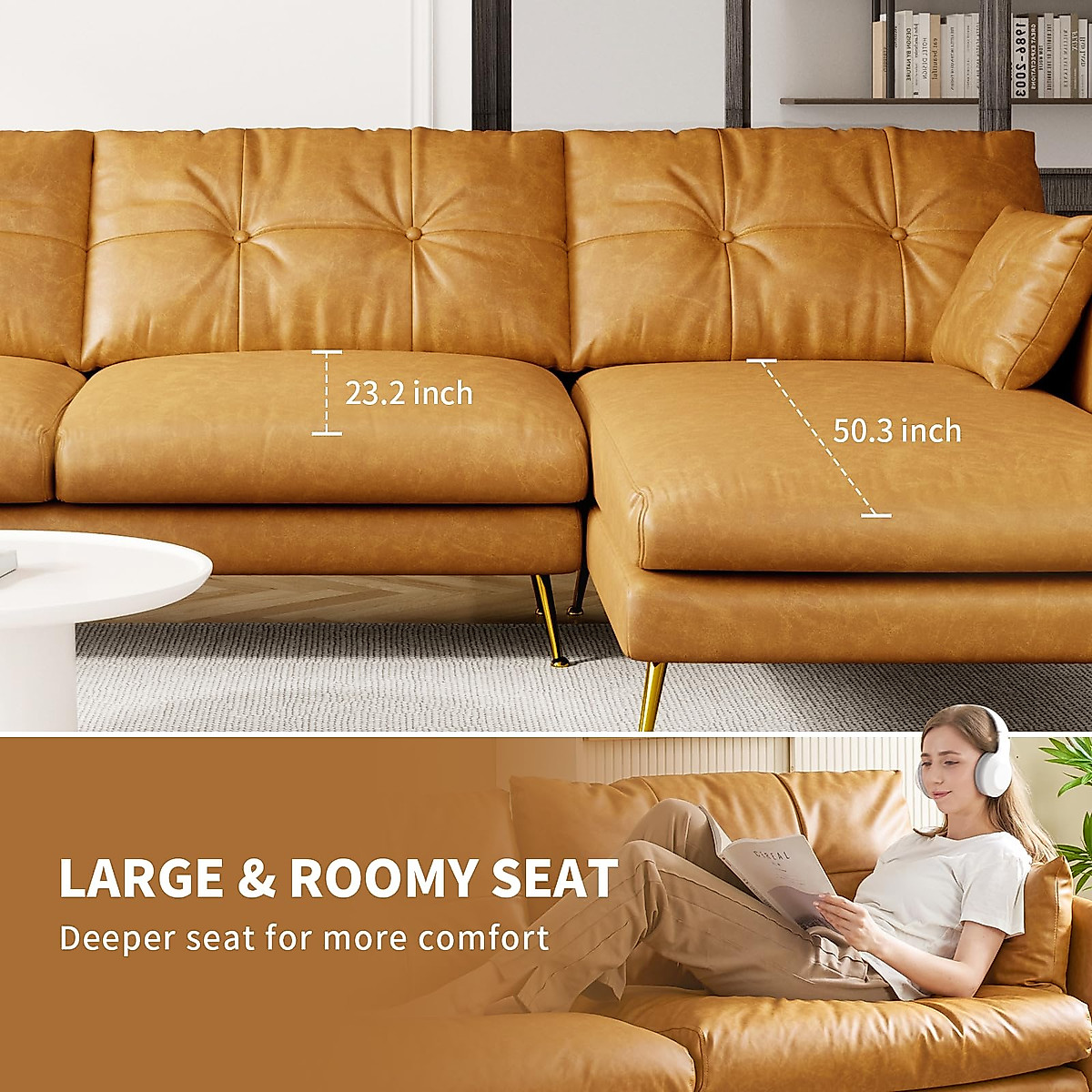 Gtilzria Faux Leather L Shaped Sectional Couch,3-Seater Sectional Leather Down Fill Sofa with Deep Seater Fluffy Cushion,Mid Century Modern Upholstered Couches for Living Room,Tan