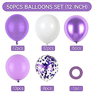 Purple and White Balloons, 50pcs 12 Inch Purple Balloons Metallic Purple Balloons Confetti Purple White Balloons for Purple Decorations, Birthday Shower Princess Theme Party Decorations