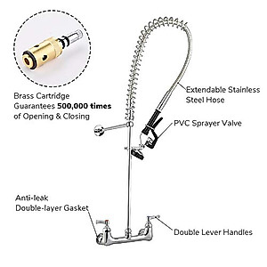 Aquaterior 41" Height Commercial Kitchen Sink Faucet Pre-Rinse Wall-Mount Faucet Double Handle Brass with Pull Down Fit for 2/3 Compartment Sink CUPC NSF ANSI CEC
