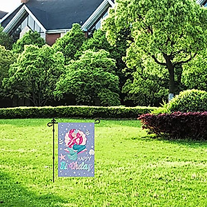 Mermaid Happy Birthday Garden Flag for Girls Birthday, Multicolour Vertical Premium Burlap Rustic Girls' Mermaid/Under the Sea Themed Birthday Celebration Yard Flag for Farmhouse Outside Outdoor Sign Double Sided, 12" x 18"