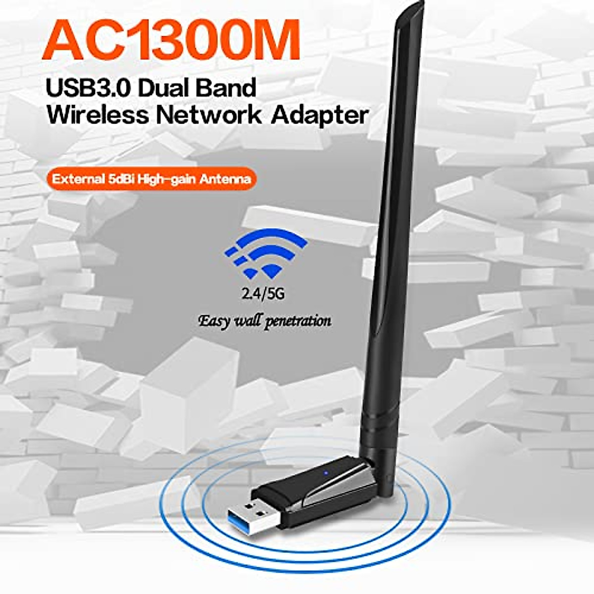 USB Wireless for PC,USB WiFi Adapter for PC,2.4GHz/5GHz,1300Mbps USB 3.0 Wireless WiFi Dongle,High Gain Dual Band 5dBi Antenna, Support Windows 11/10/8.1/8/7/XP, Mac OS 10.9-10.15