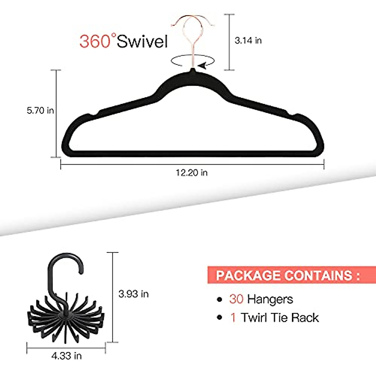 Ollnoos Velvet Clothes Hangers Space-Saving: Rose Gold Swivel Hooks Black Felt Hanger 30-Pack | Slim Hangers Non-Slip Ultra-Thin & Durable Closet Organizer for Coat Shirt Skirt Pants Shorts
