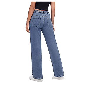 SweatyRocks Women's Casual Low Rise Wide Leg Jeans Chain Straight Leg Denim Pants with Pockets Medium Wash M