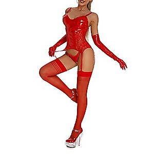 Jhaoyu Womens Latex Garter Bustier Tops with G-String Thong Set Wetlook PU Leather Catsuit Sexy Lingeries Red 3X-Large