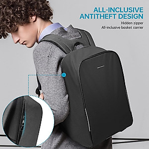 KOPACK Security Backpack, 15.6 Inch Laptop Backpack with Hidden Anti-Theft Zipper and USB Port, Stylish Waterproof Business College Travel Commuter Backpack, with Rain Cover-Grey Black Bag