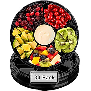 Lawei 30 Pack Plastic Appetizer Tray with Lid - 12.5 Inch Round Plastic Party Platters, 6 Divided Compartment Serving Tray Disposable Food Serving Dip Platter for Party Buffet