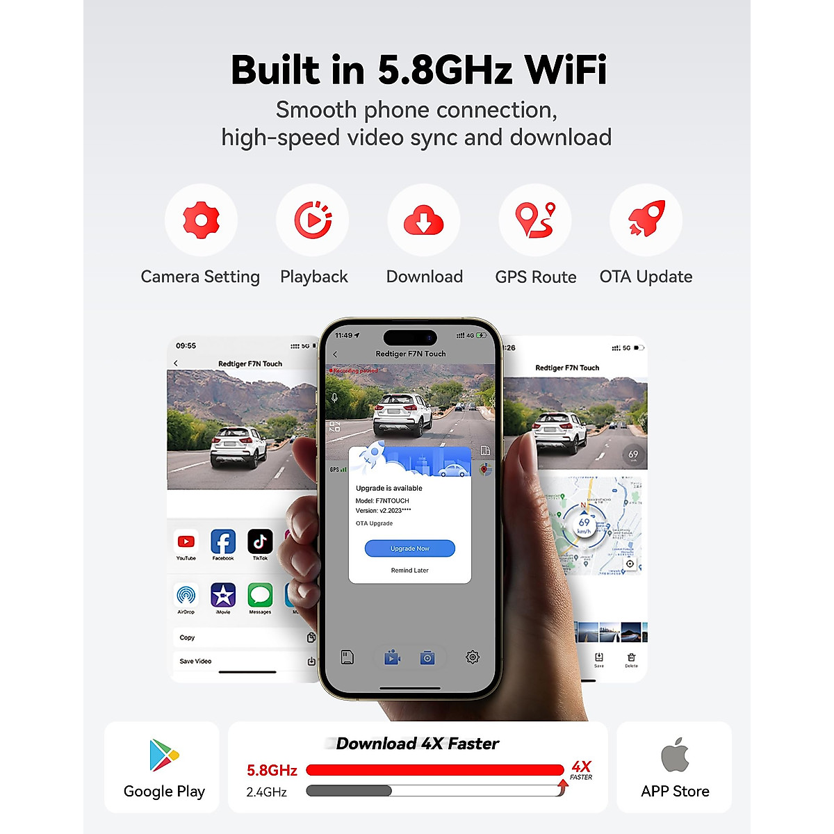 REDTIGER 4K Dash Cam Front and Rear, Touch Screen 3.18 Inch, Voice Control, 5.8GHz WiFi Car Dash Camera with 64GB Card, GPS, UHD 2160P Night Vision, WDR, Emergency Lock, Parking Monitor (F7N Touch)