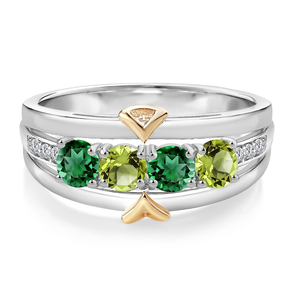 Gem Stone King 925 Sterling Silver and 10K Yellow Gold Round Green Nano Emerald Green Peridot and White Lab Grown Diamond Women Band Ring (1.25 Cttw, Available In Size 5, 6, 7, 8, 9)