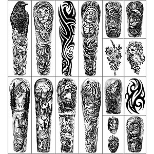 46 Sheets Full Arm Temporary Tattoo Waterproof For Men(L22.8“xW7”), Fake Tattoos for Women Lion Tiger Clock Flower Skeleton Animals Design, Hand Forearm Shoulder 3D Temporary Tattoos Stickers