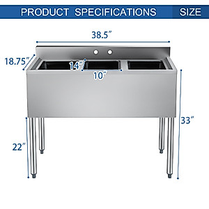 HARDURA 3 Compartment Sink of Stainless Steel, with 10X14X10 Inches Bowl and Backsplash, NSF Commercial Three Compartment Sink for Bar, Restaurant, Kitchen and Cafe