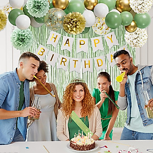 Rabbmall Sage Green Birthday Decorations for Women Girls Gold and Green Party Decor Set with Happy Birthday Banner and Balloons, Sash and Crown, Curtains, Balloon Decorations Kit