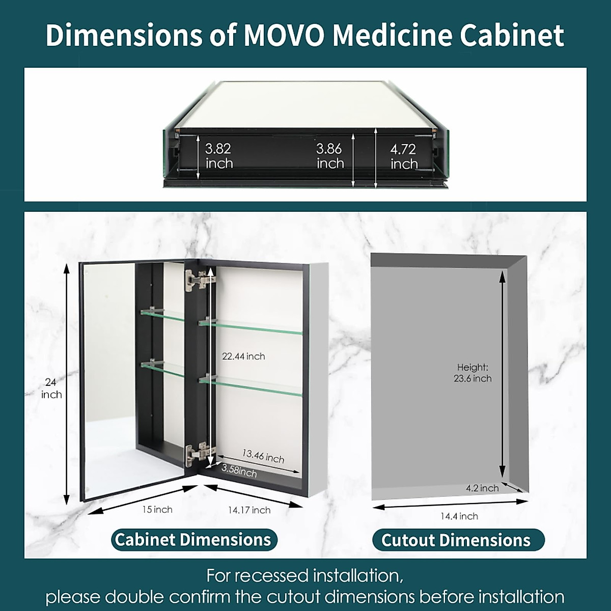 Movo 15 Inch x 24 Inch Medicine Cabinet with Mirror,Black Aluminum Framless Bathroom Mirror Medicine Cabinet,Recessed or Surface Mount Medicine Cabinet for Bathroom with Adjustable Shelves