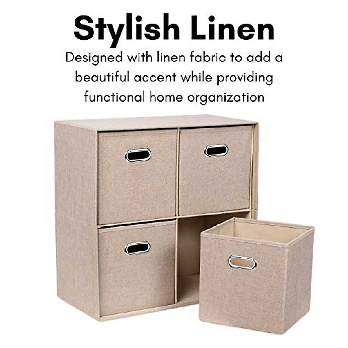 BIRDROCK HOME Cream Linen Cube Organizer Shelf with 4 Storage Bins – Strong Durable Foldable Shelf – Kid Toy Clothes Towels Cubby – Collapsible Bedroom Fabric Shelves and Cubes