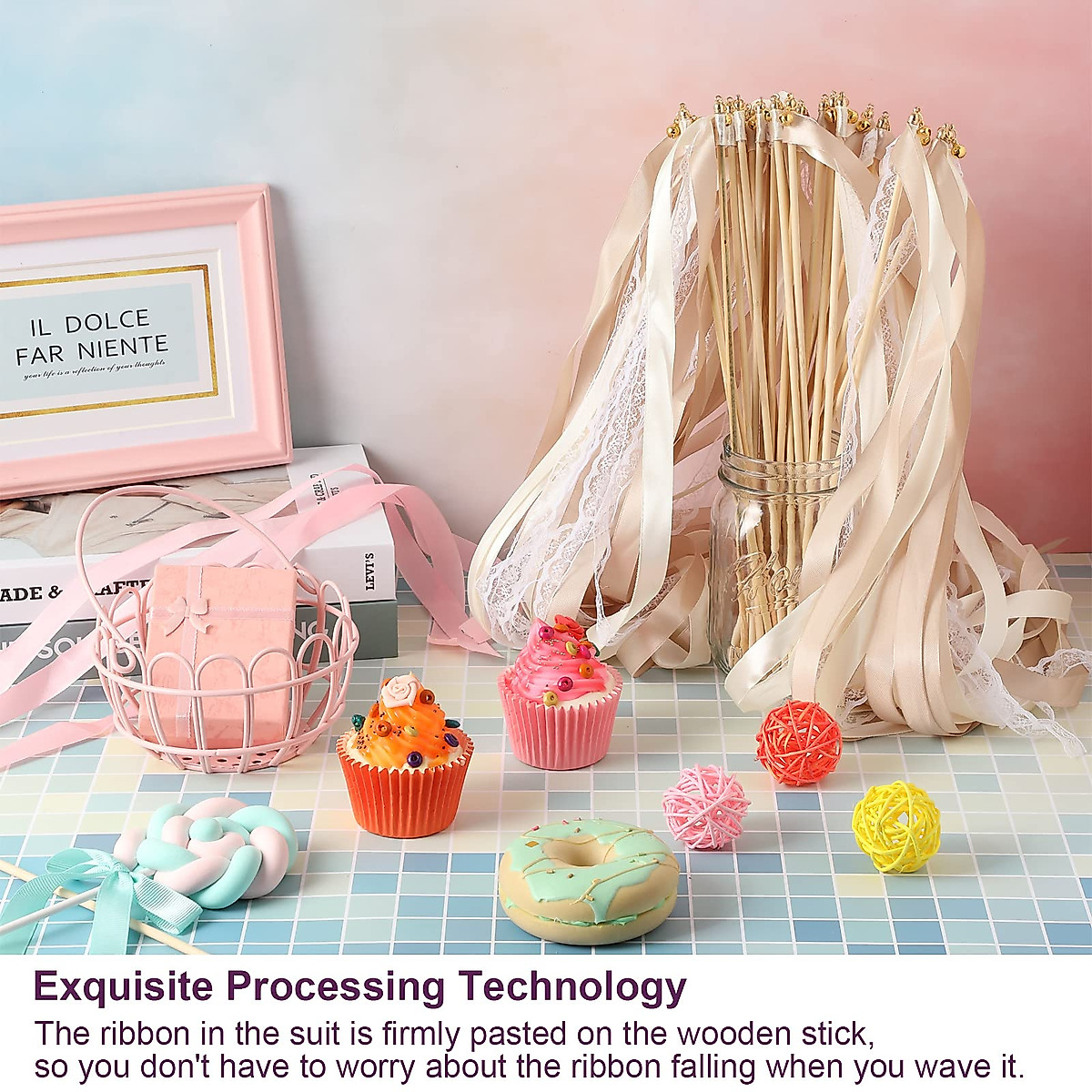 Sumind 40 Pieces Ribbon Wedding Streamers with Bells, Lace Fairy Wand Stick Party Ribbon Streamers Chromatic Silk Streamers for Party, Birthday and Holiday (Champagne)