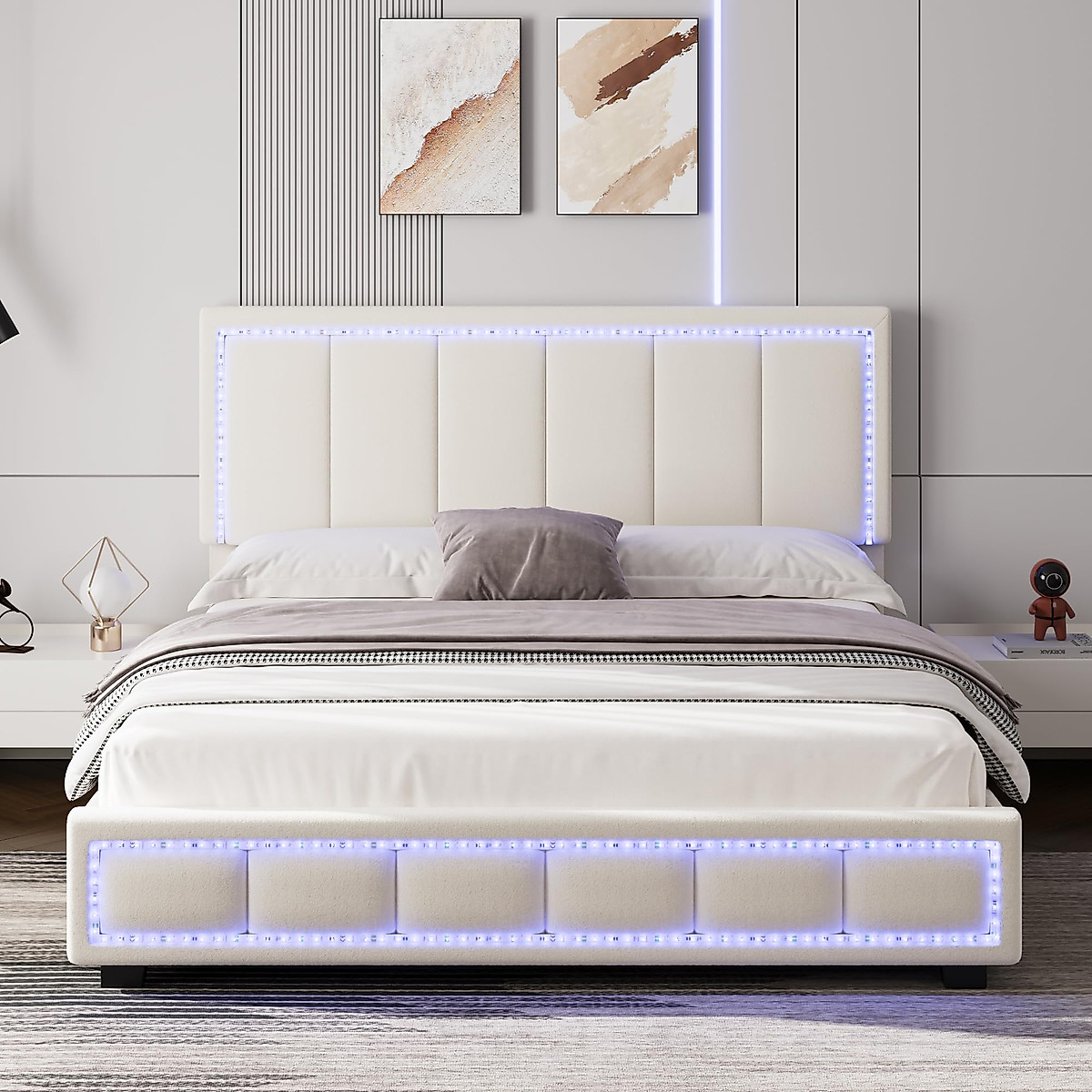 King Size Bed Frame, Upholstered LED Bed Frame with 4 Storage Drawers, Platform Bed with Adjustable Headboard, Solid Wooden Slats Support, No Box Spring Needed, Off White