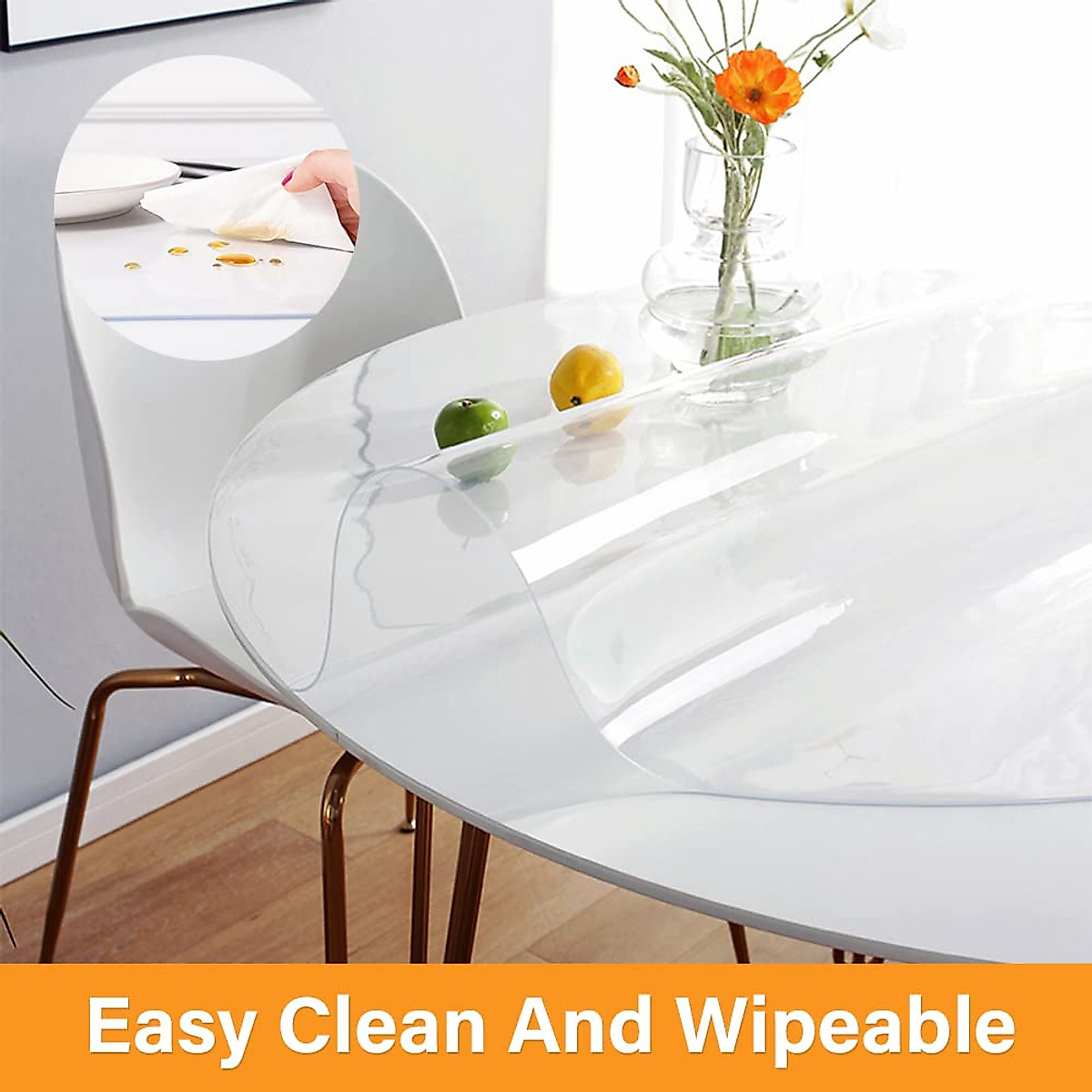 VeeCano 54 Inch Round Clear PVC Table Protector Kitchen Countertop Cover Protector Waterproof Table Cover Rectangle Plastic Tablecloth Vinyl Non Slip Oblong for Circle Coffee Dining Table 1.5mm Thick