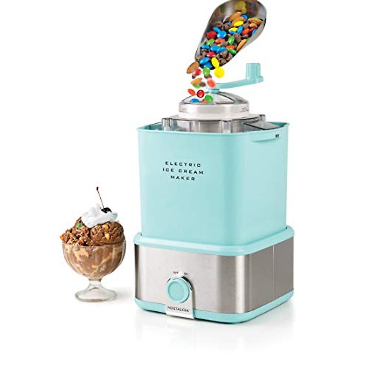 Nostalgia Electric Ice Cream Maker & Candy Crusher, 2 Quarts, Soft Serve Machine for Ice Cream, Frozen Yogurt & Sorbet in Minutes, Works with Candy Bars, Chocolate Chips, Nuts & More, Aqua