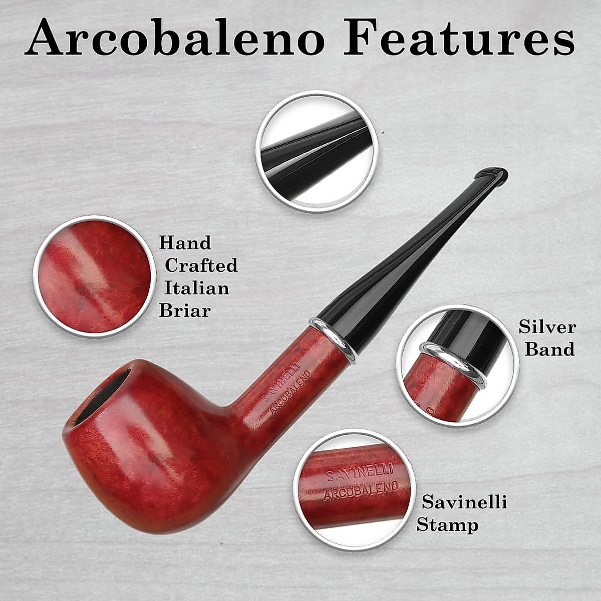 Arcobaleno Red Savinelli Tobacco Pipe - Naturally Stained & Handmade Tobacco Pipe From Italy, Colorful Straight Stem Pipe, Briar Wood Tobacco Pipe (Red, 207)
