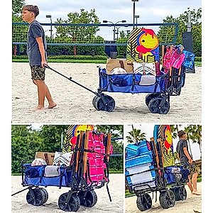 Beach Wagon Folding with Large Sand Wheels Heavy Duty Collapsible Cart with Patent Pending Beach Chair Holder Great for Ocean, Camping and Fishing – Solid Blue Color
