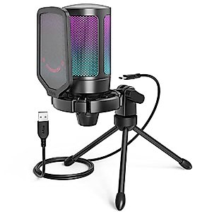FIFINE Gaming USB Microphone for PC PS5, Condenser Mic with Quick Mute, RGB Indicator, Tripod Stand, Pop Filter, Shock Mount, Gain Control for Streaming Discord Twitch Podcasts Videos- AmpliGame