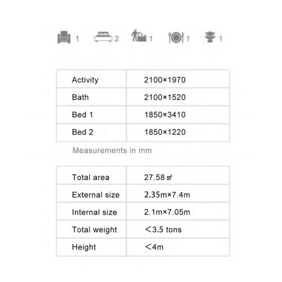 Generic Aluminum Tiny Movable Prefabricated Insulated House with 1 Bathroom, 1-3 bedrooms & 1 Kitchen- Tiny loft House, Mini Caravan,Travel Camper Trailer for Family, Customized