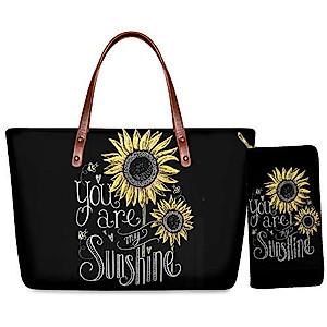 WELLFLYHOM Sunflower Handbag and Wallet Set Gifts for Women Ladies Top Handle Bag for School Evening Party Favors Shoulder Messenger Bag Tote Purse and Wallet Set You Are My Sunshine Black