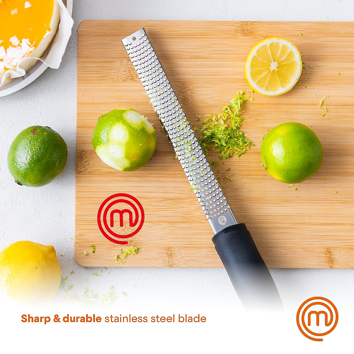 MasterChef Lemon Zester Grater with Handle, Kitchen Tool for Zesting Citrus Fruits & Finely Grating Parmesan Cheese, Garlic, Ginger, Coconut, Nutmeg, Wasabi, Chocolate etc, Stainless Steel, 12 inches