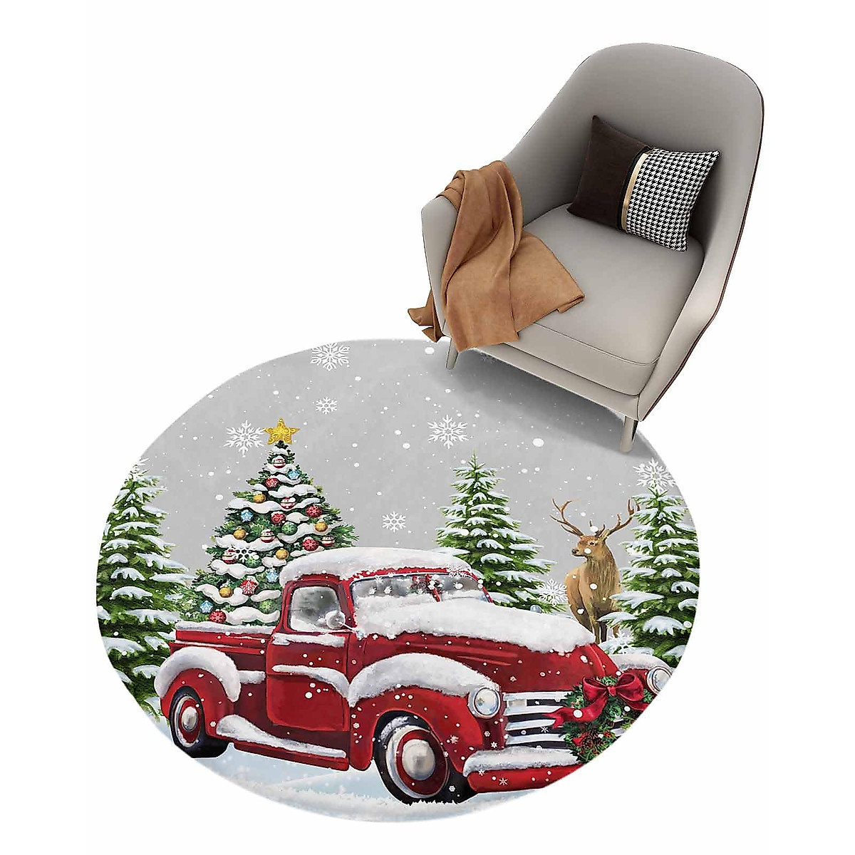 Christmas Fluffy Round Area Rug Carpets 3ft, Plush Shaggy Carpet Soft Circular Rugs, Non-Slip Fuzzy Accent Floor Mat for Living Room Bedroom Nursery Decor Snowy Red Truck Forest Winter Elk Tree Grey
