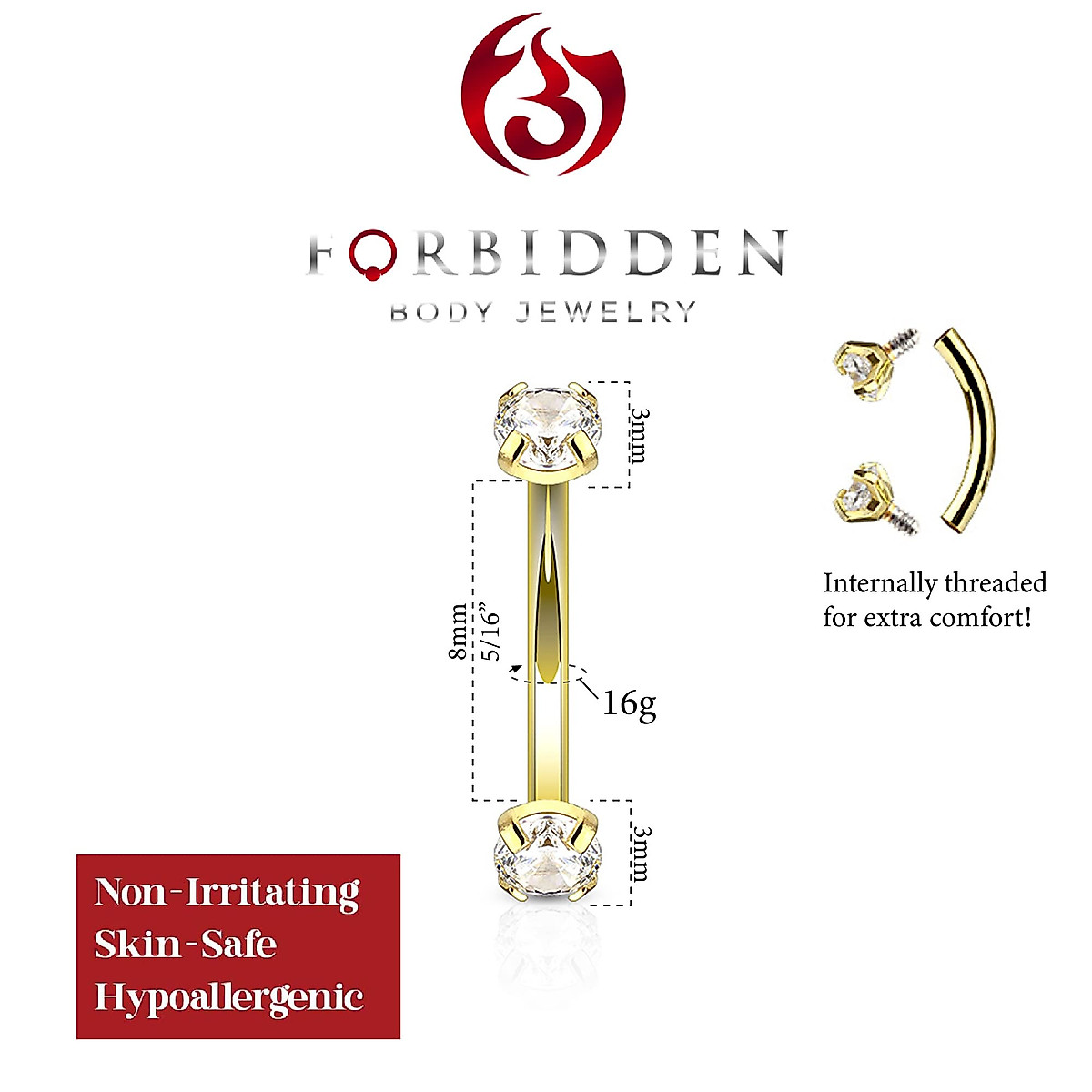 Forbidden Body Jewelry 16g 8mm Surgical Steel Internally Threaded Clear CZ Curved Barbell (Daith/Eyebrow/Rook) - Gold Tone
