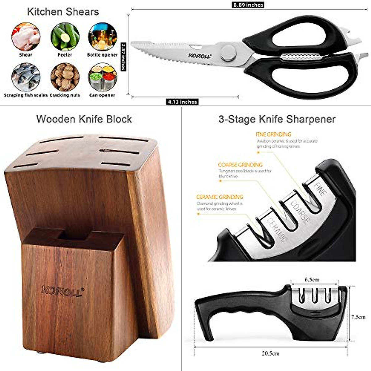KONOLL Kitchen Knife Block Set 9 Pcs Chef Knife Box Set Ultra Sharp Forged Knives Set, Meat Cleaver HC Stainless German Steel with Full Tang Wood Handle (Knife Block Set 9 Pcs)